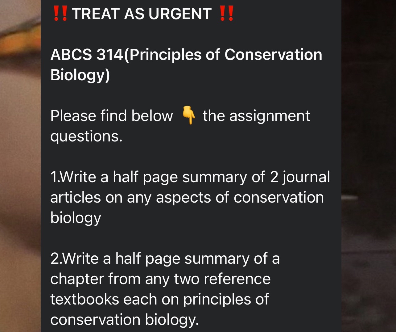 Solved TREAT AS URGENTABCS 314(Principles of Conservation | Chegg.com