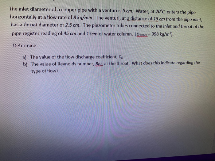 Solved The inlet diameter of a copper pipe with a venturi is | Chegg.com