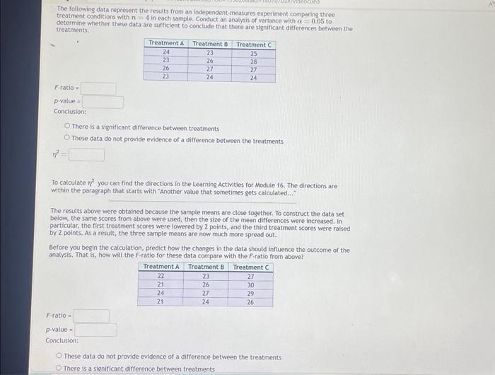 Solved The following data represent the results from an | Chegg.com