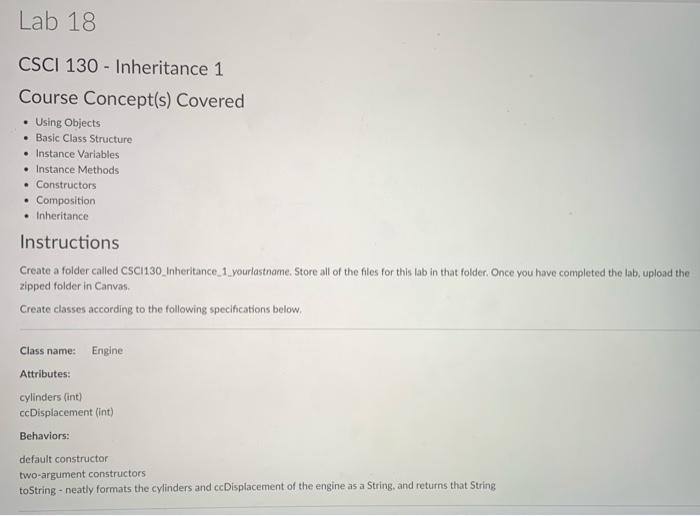 Solved Lab 18 CSCI 130 - Inheritance 1 Course Concept(s) | Chegg.com