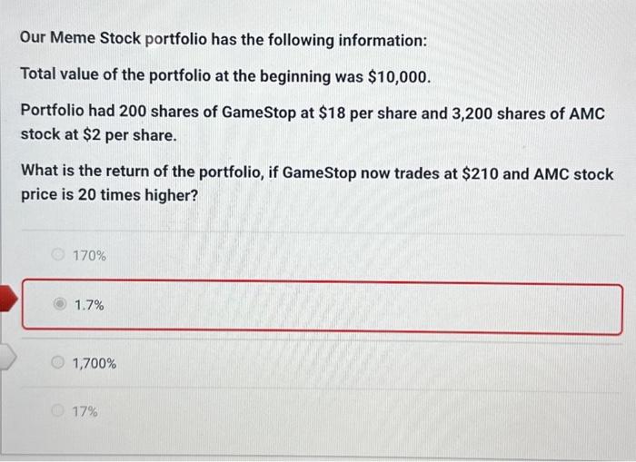 Solved Our Meme Stock portfolio has the following | Chegg.com