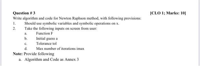 Solved [CLO 1; Marks: 101 Question #3 Write algorithm and | Chegg.com
