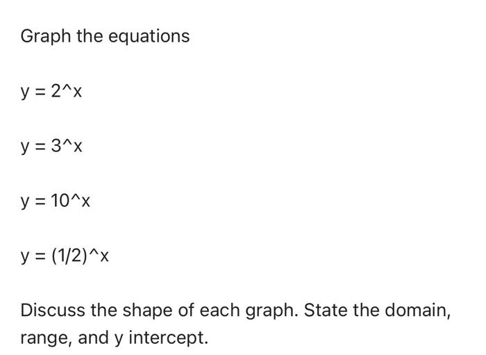 Solved Graph the equations y=2∧xy=3∧xy=10∧xy=(1/2)∧x Discuss | Chegg.com