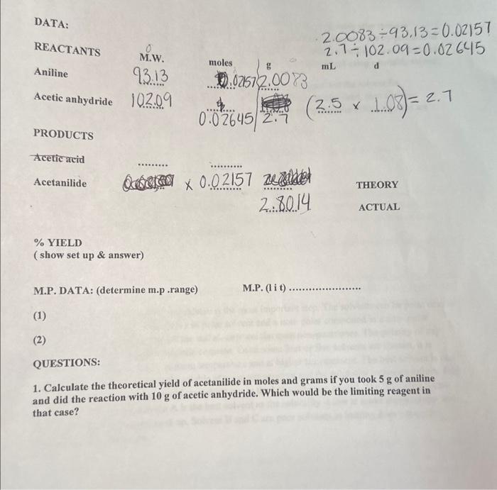 Solved DATA: PRODUCTS Acetic acid Acetanilide ×0.02157 | Chegg.com