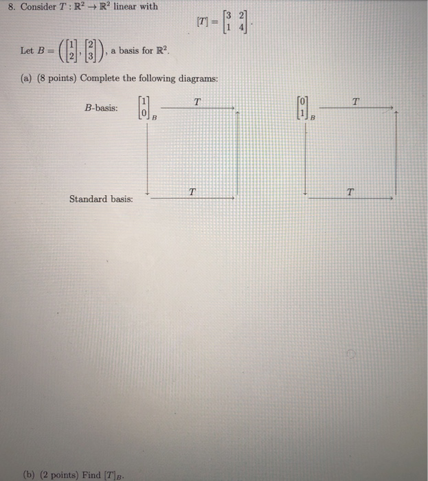 Solved 8. Consider T: R2 + R2 linear with [T] Let B a basis | Chegg.com