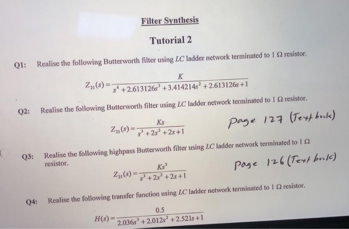 Filter Synthesis Tutorial 2 Q1: Realise the following | Chegg.com