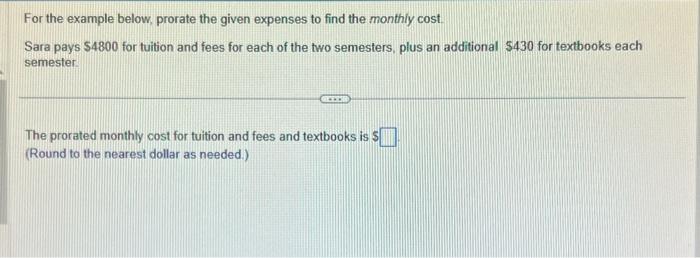 Solved For the example below, prorate the given expenses to | Chegg.com