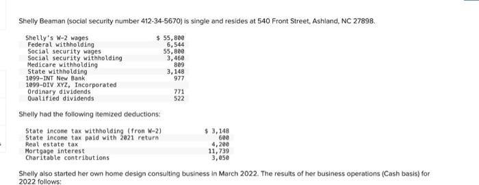 Solved Shelly Beaman (social security number 412-34-5670) is | Chegg.com