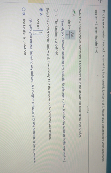 Solved Find the exact value of each of the remaining | Chegg.com