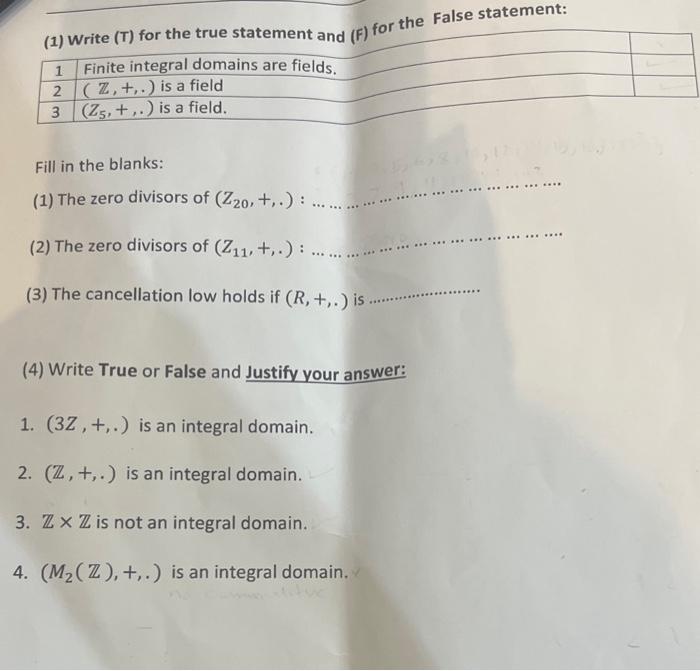 Solved Fill in the blanks: (1) The zero divisors of | Chegg.com