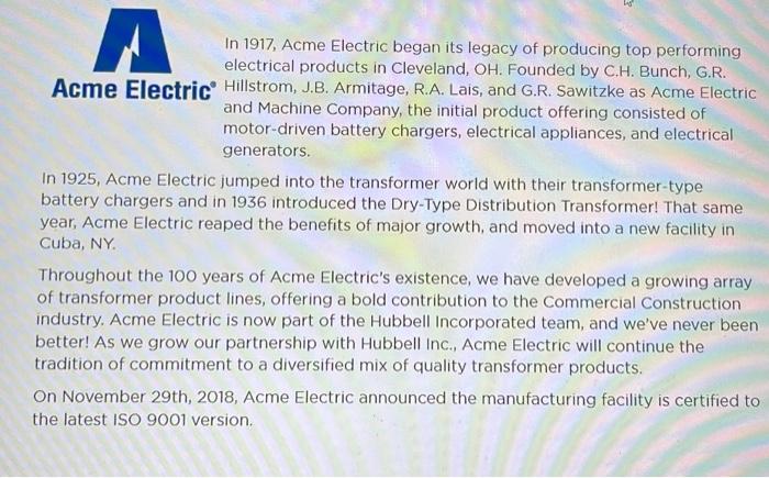 Solved A In 1917, Acme Electric began its legacy of | Chegg.com