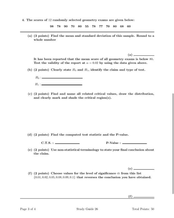 Solved 4. The scores of 12 randomly selected geometry exams | Chegg.com