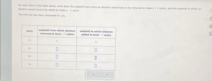 Solved For each atom in the table below, write down the | Chegg.com