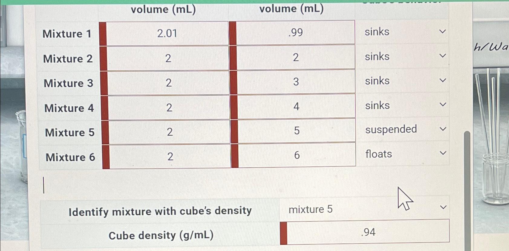 \table[[,volume (mL),me (mL),,],[Mixture | Chegg.com