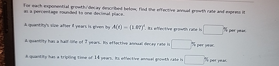 Solved For each exponential growth/decay described below, | Chegg.com