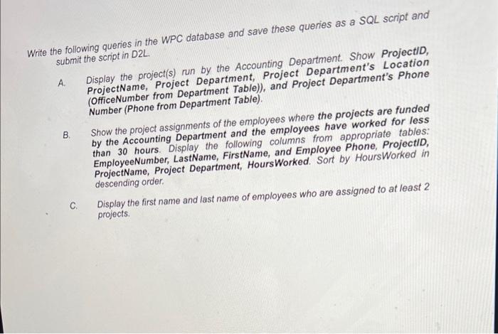 Solved Write the following queries in the WPC database and | Chegg.com