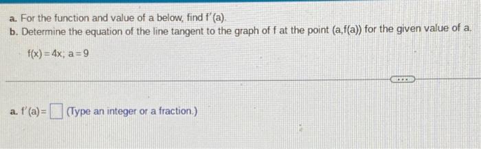Solved a. For the function and value of a below, find f′(a). | Chegg.com