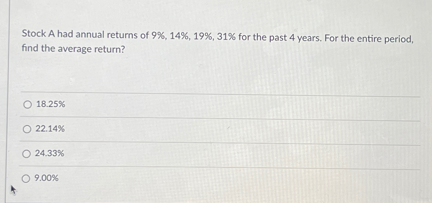 Solved Stock A had annual returns of 9%,14%,19%,31% ﻿for the | Chegg.com