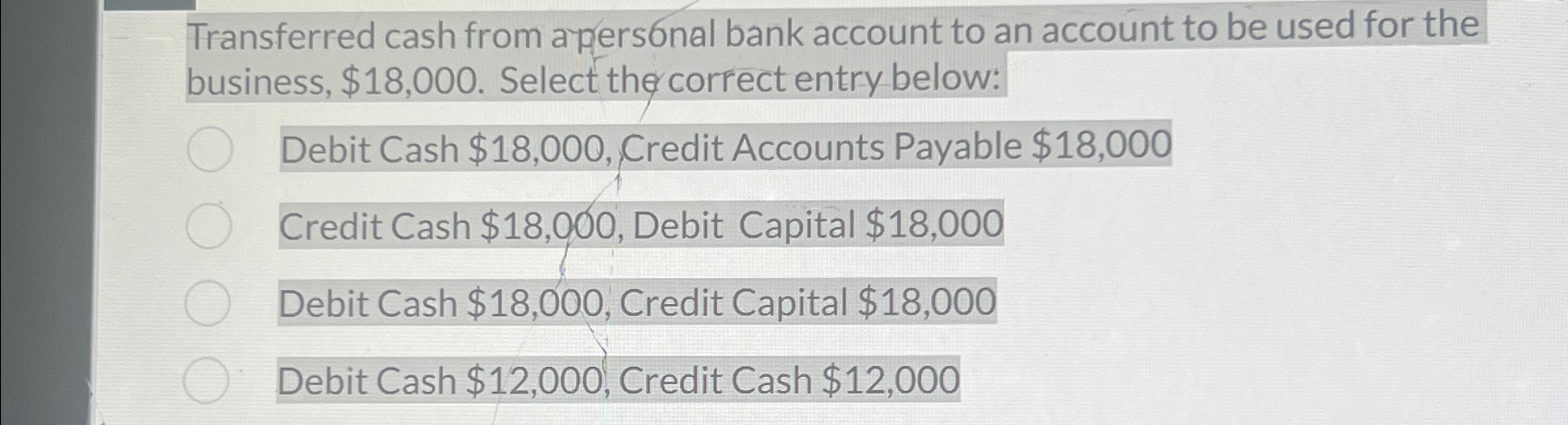 Solved Transferred cash from apersonal bank account to an | Chegg.com