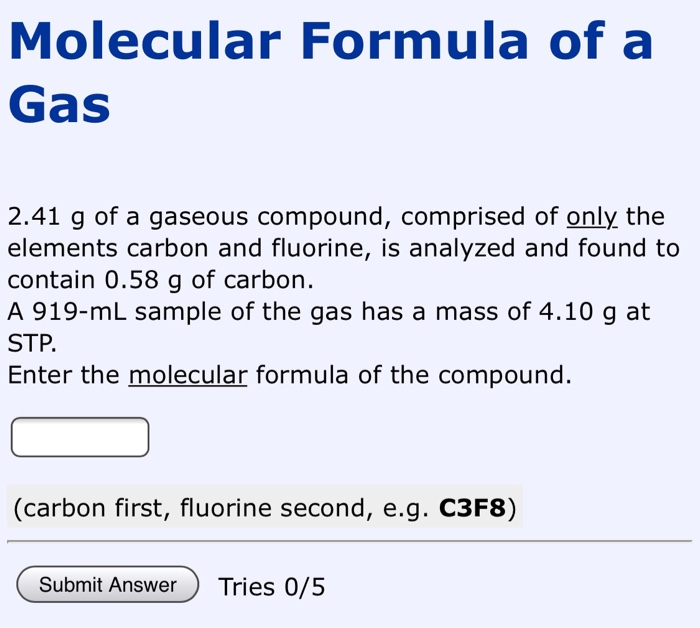 Solved Molecular Formula of a Gas 2.41 g of a gaseous | Chegg.com