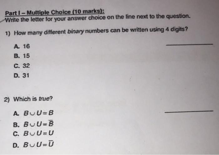 Solved Part 1 - Multiple Choice (10 marks): Write the letter | Chegg.com