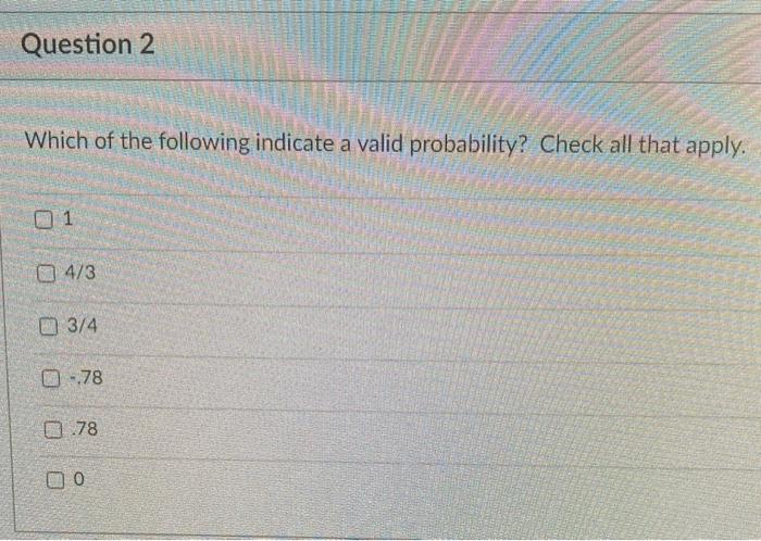 Solved Which of the following indicate a valid probability? | Chegg.com