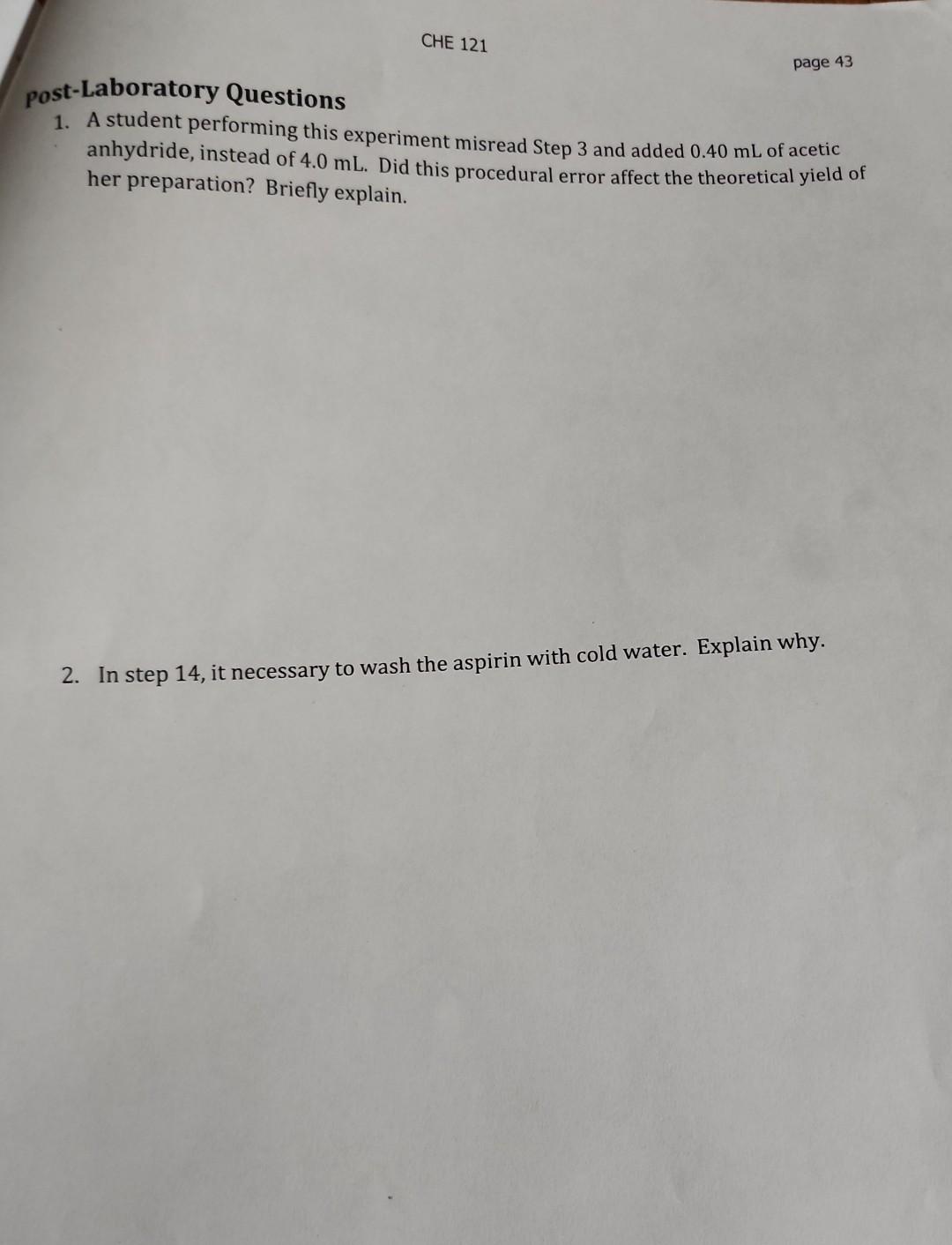 Solved post-Laboratory Questions 1. A student performing | Chegg.com