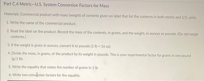 Solved Part C.4 Metric-U.S. System Conversion Factors for | Chegg.com