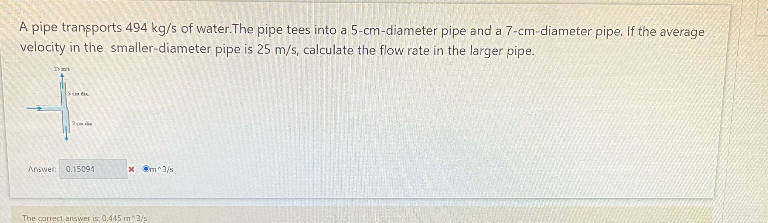 Solved A pipe transports 494kgs ﻿of water.The pipe tees into | Chegg.com