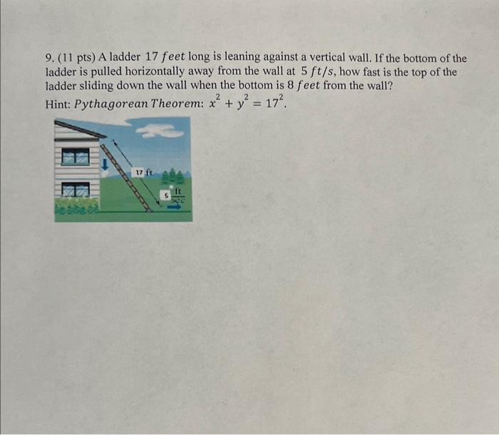Solved 9. (11 pts) A ladder 17 feet long is leaning against | Chegg.com