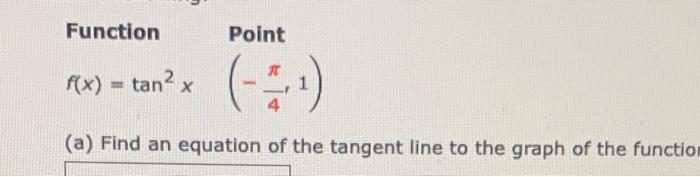 Solved Function Point f(x)=tan2x(−4π,1) (a) Find an equation | Chegg.com