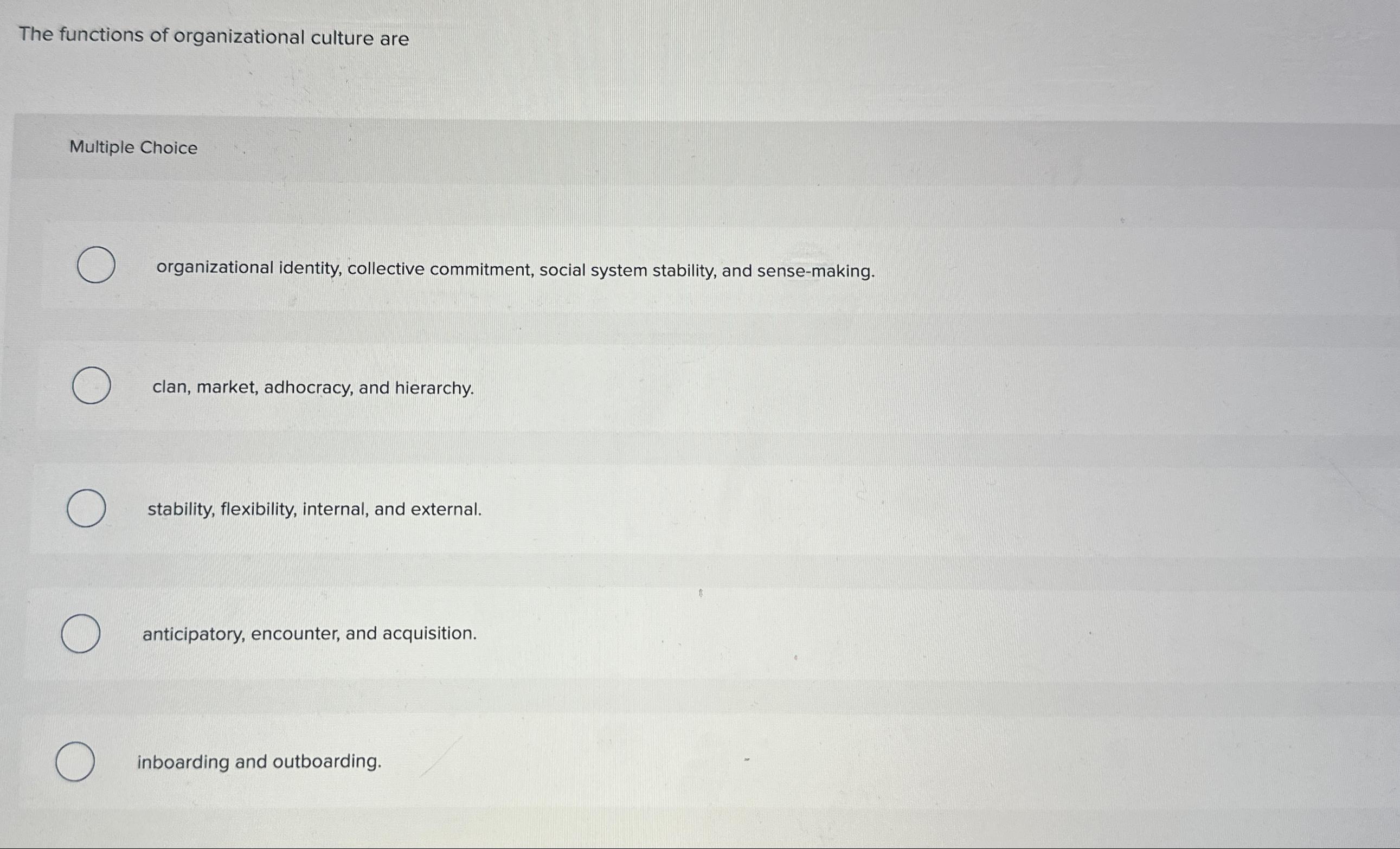Solved The functions of organizational culture areMultiple | Chegg.com