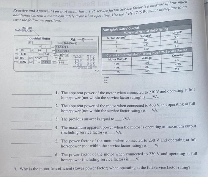 Reactive and Apparent Power. A motor has a 1.25 | Chegg.com
