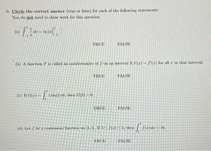 Solved 6. Circle the correct answer (truc or falsc) for cach | Chegg.com
