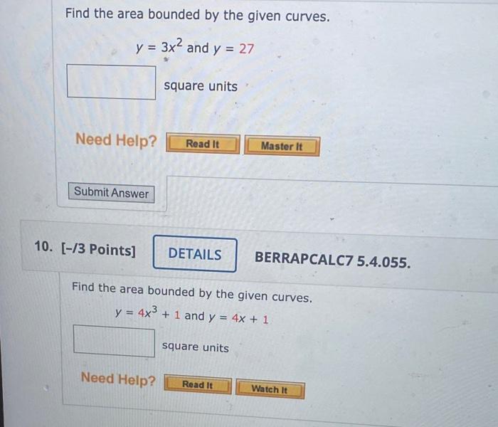 Solved Find the area bounded by the given curves. y=3x2 and | Chegg.com
