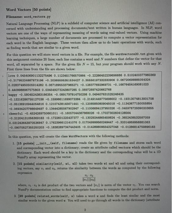 Solved Word Vectors (50 points] Filename: word_vectors.py | Chegg.com