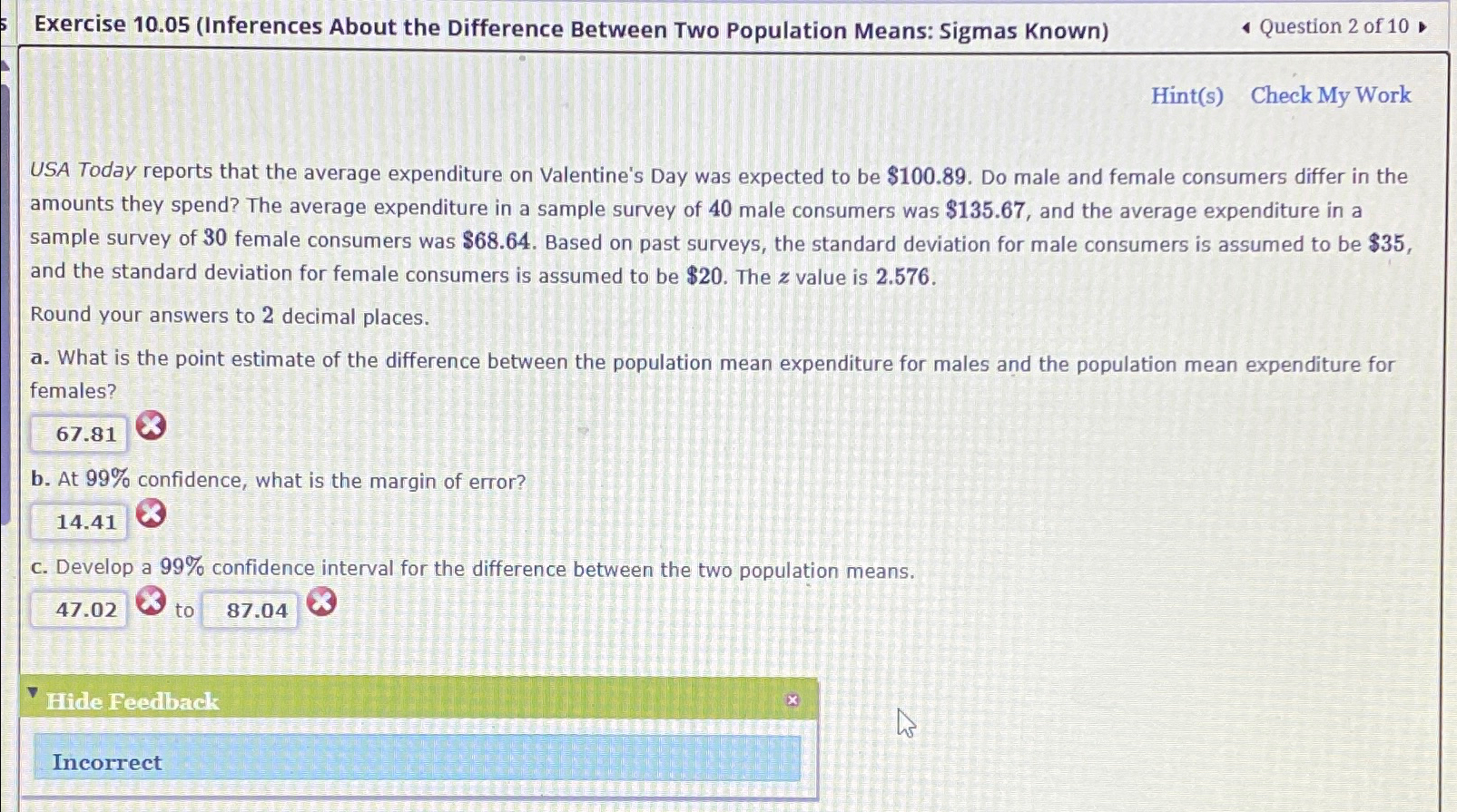 Solved Exercise 10.05 (Inferences About the Difference | Chegg.com