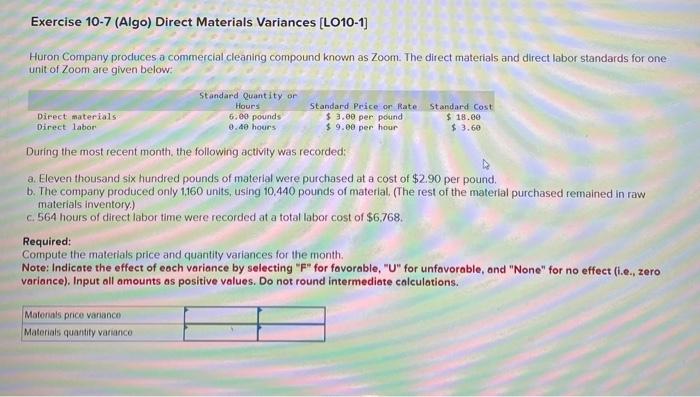 Solved Exercise 10-7 (Algo) Direct Materials Variances | Chegg.com