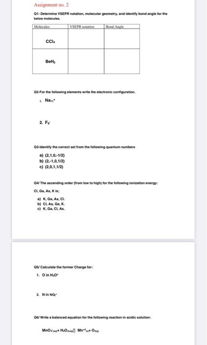 Solved Assignment no. 2 Q1-Determine VSEPR notation, | Chegg.com