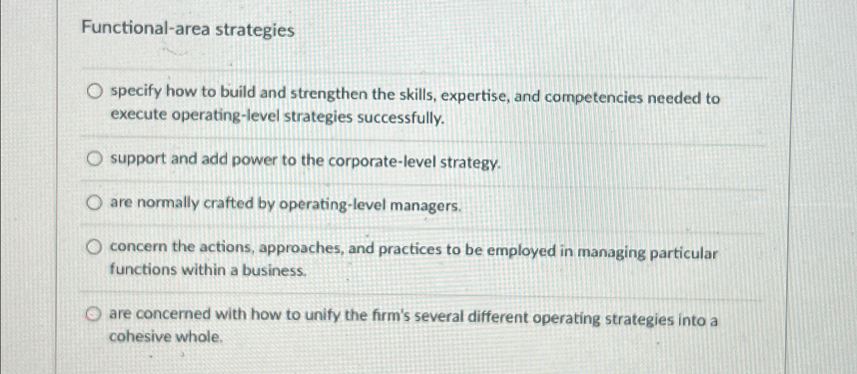 Solved Functional-area strategiesspecify how to build and | Chegg.com