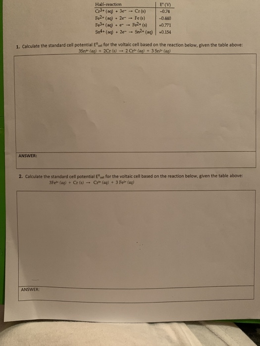 Solved Half-reaction Cr3+ (aq) + 3e--Cr(s) Fe2+ (aq) + 2e - | Chegg.com