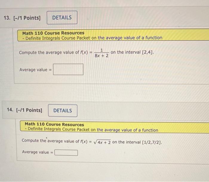 Solved - Definite Integrals Course Packet on the average | Chegg.com