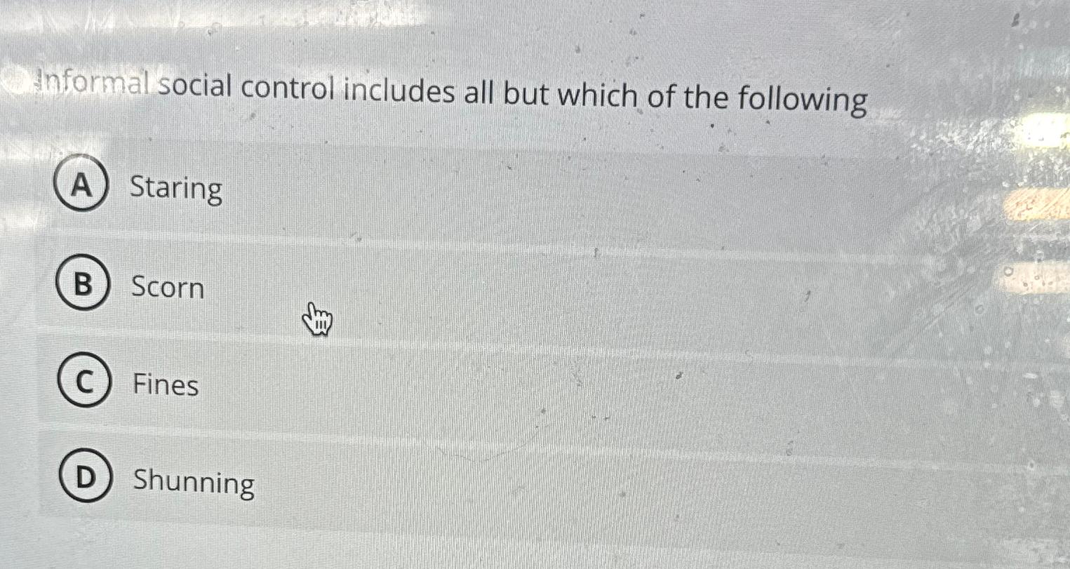 Solved Informal social control includes all but which of the | Chegg.com