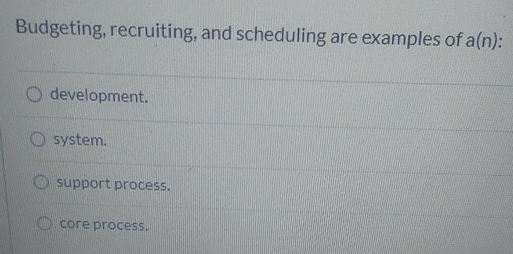 Solved Budgeting, recruiting, and scheduling are examples of | Chegg.com