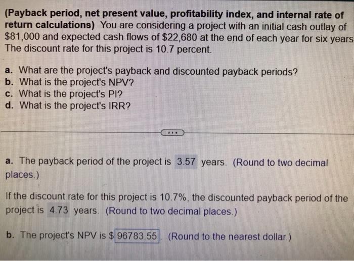Solved (Payback period, net present value, profitability | Chegg.com