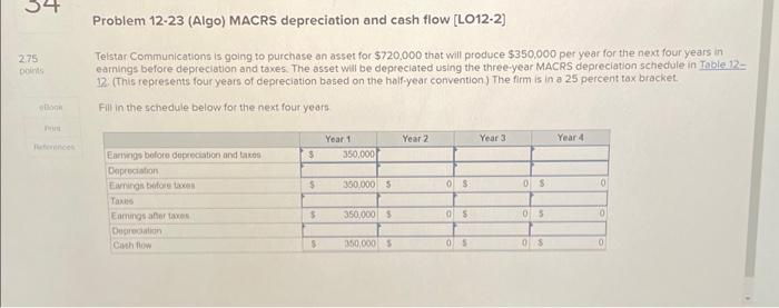 Solved Problem 12-23 (Algo) MACRS depreciation and cash flow | Chegg.com Solved Problem 12-23 (Algo) MACRS depreciation and cash flow | Chegg.com