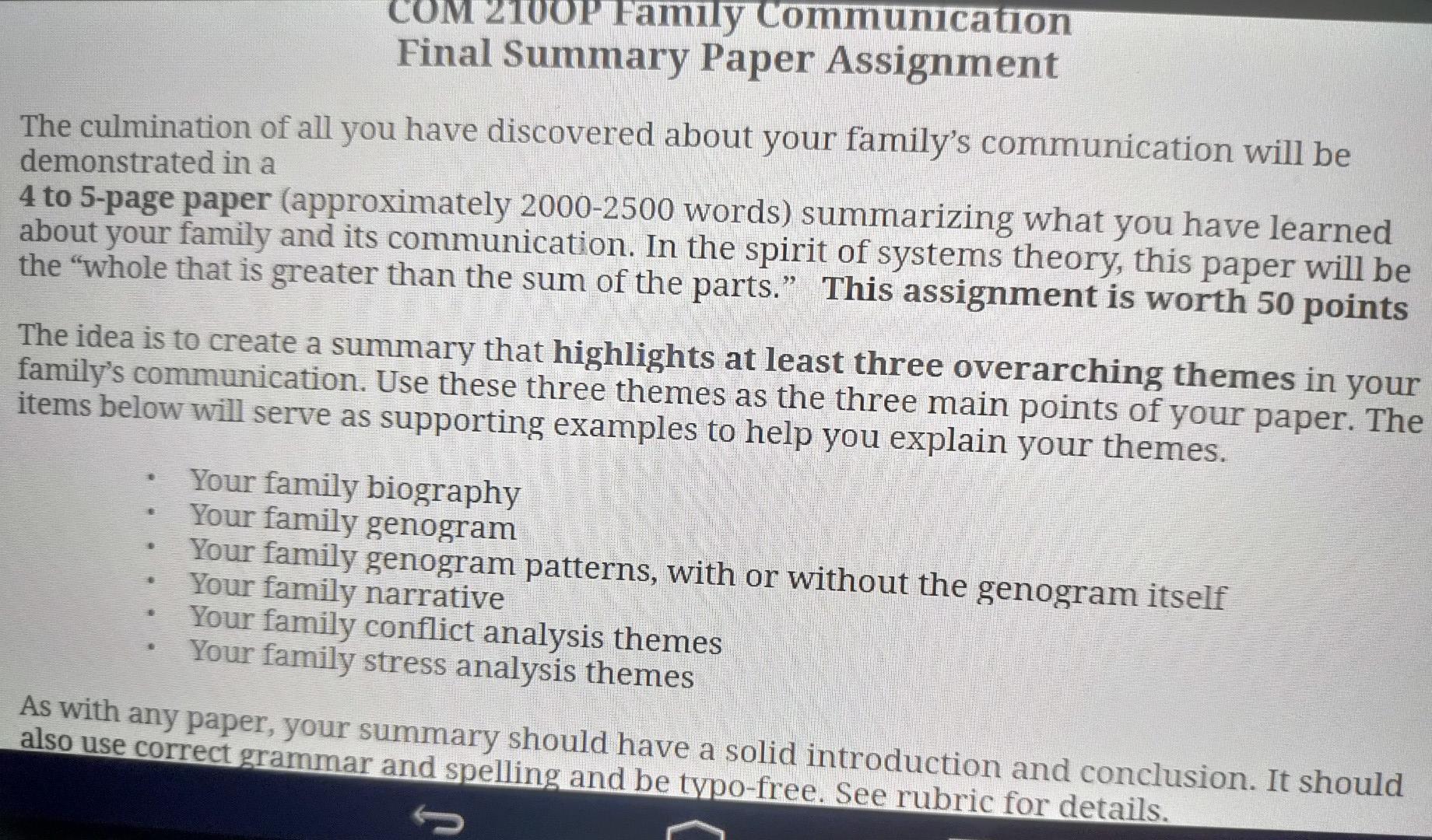 Final Summary Paper Assignment The culmination of all | Chegg.com