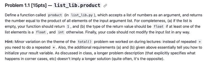 Solved Problem 1.1 [15pts] — list_lib.product Define a | Chegg.com