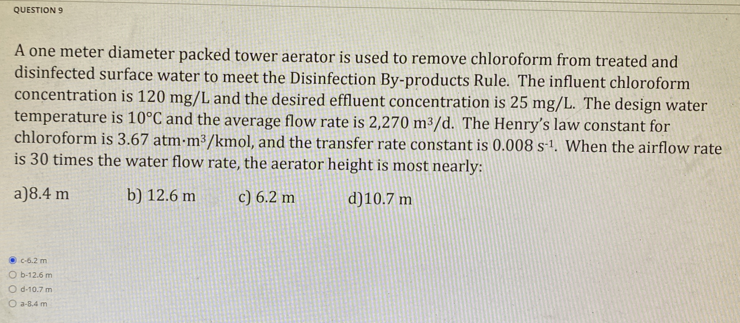 Solved QUESTION 9A one meter diameter packed tower aerator | Chegg.com