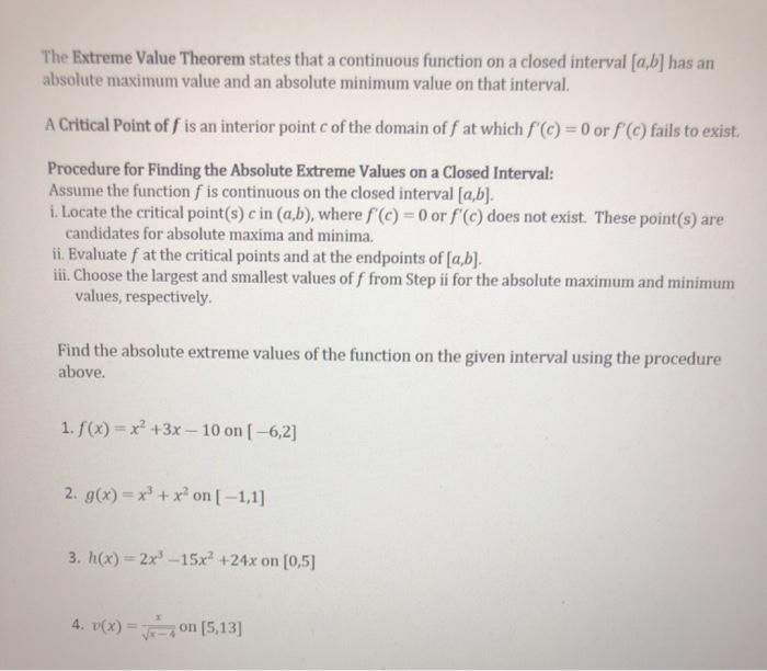 Solved The Extreme Value Theorem states that a continuous | Chegg.com